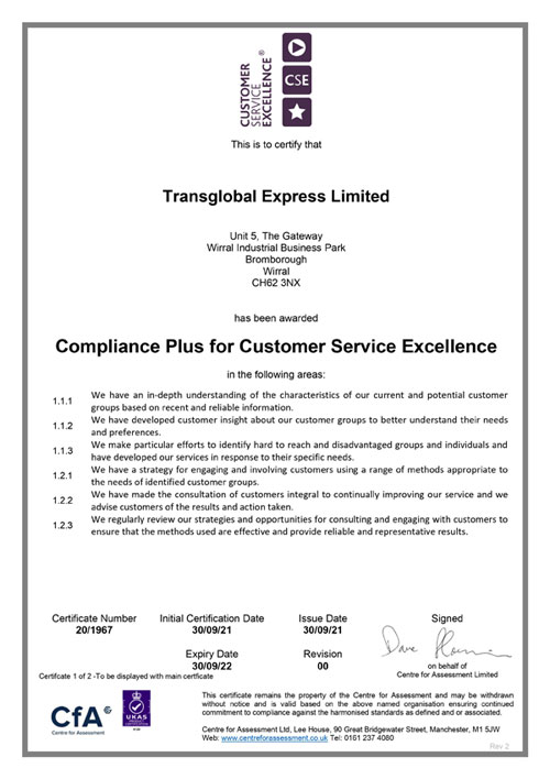 Transglobal Express awarded CSE - Compliance Plus accreditation