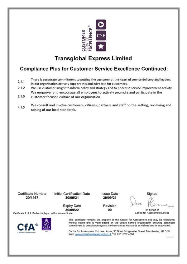 Transglobal Express awarded CSE - Compliance Plus accreditation